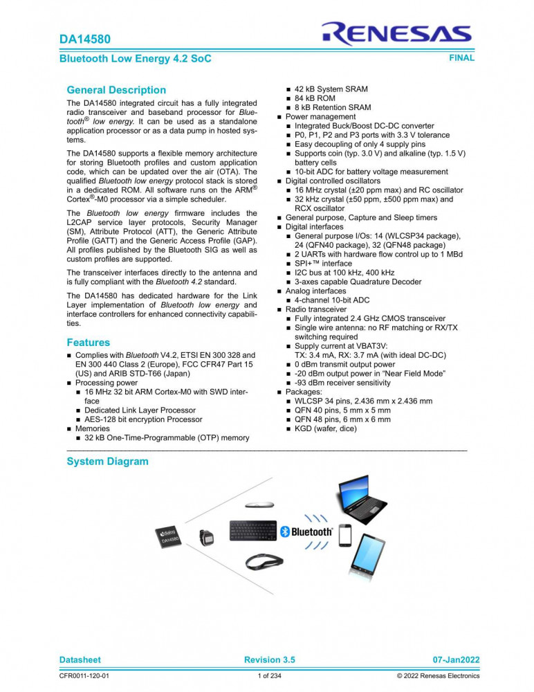 DA14580 datasheet page 1