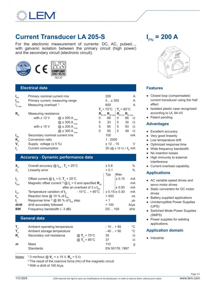 LEM LA 205-S technical datasheet page 1
