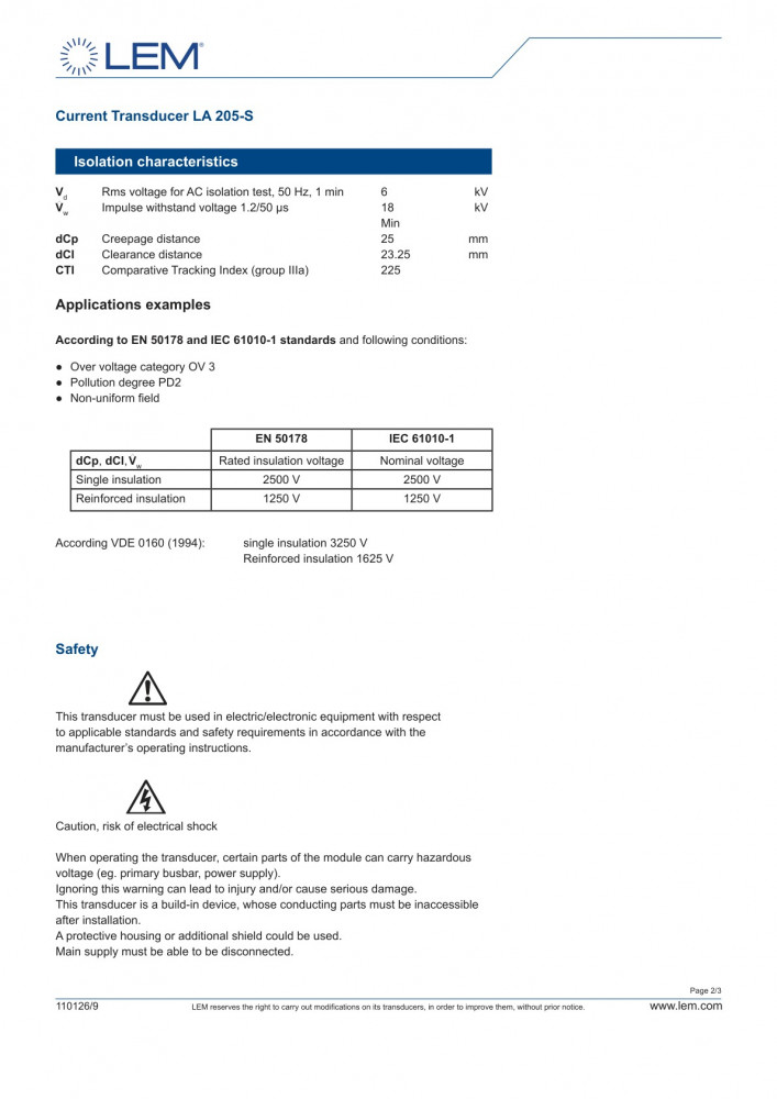LEM LA 205-S technical datasheet page 2