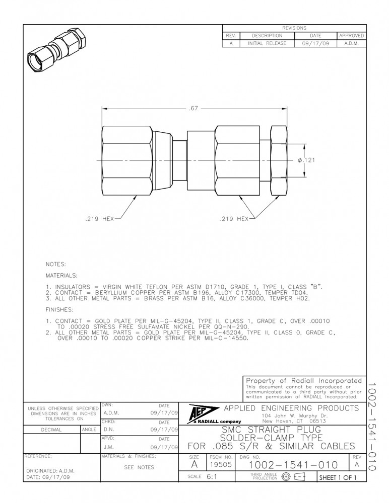 Radiall 1002-1541-010 SMC straight plug drawing page