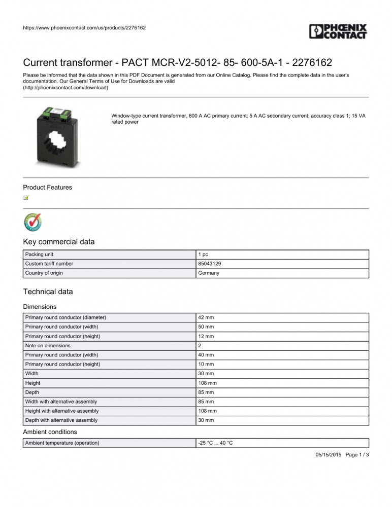 Phoenix Contact 2276162 product document page 1