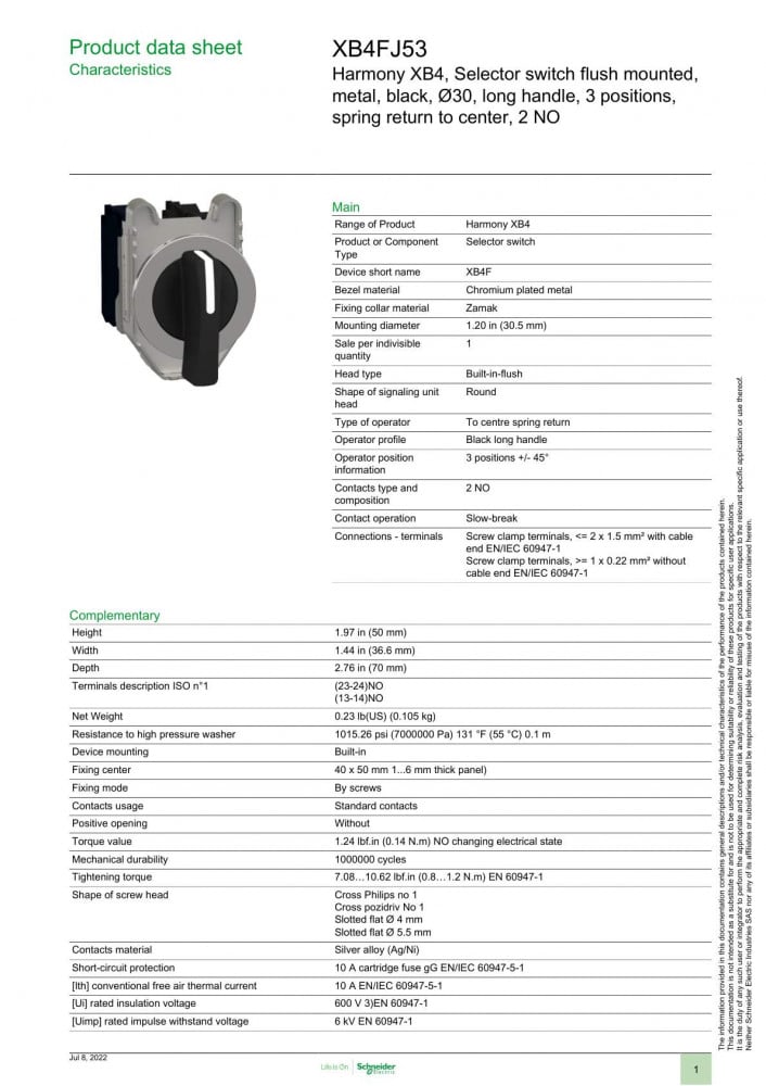 XB4FJ53 technical document page 1