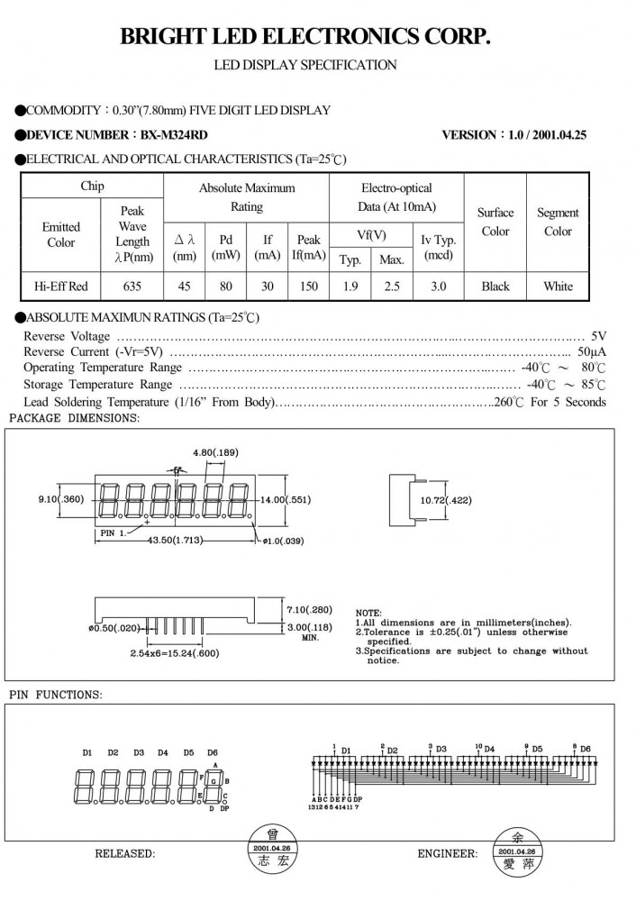 BX-M324RD five-digit LED display specification document