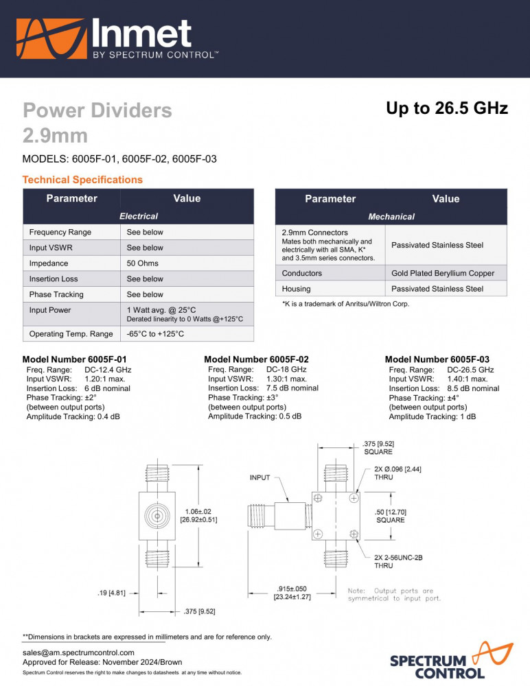 Spectrum Control 6005F series power divider technical document page