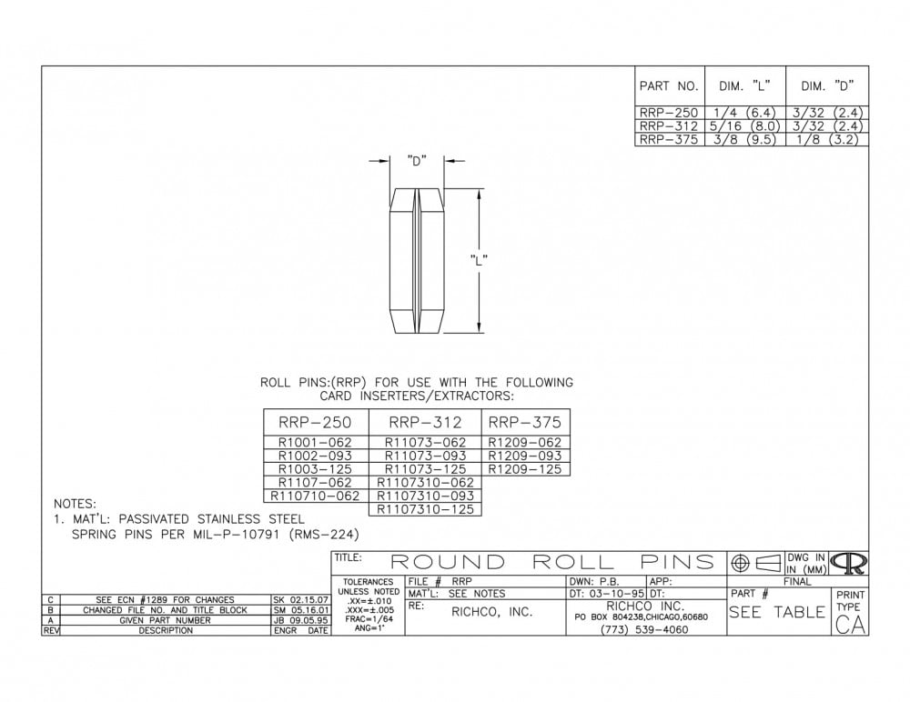 RRP-312 round roll pin technical drawing