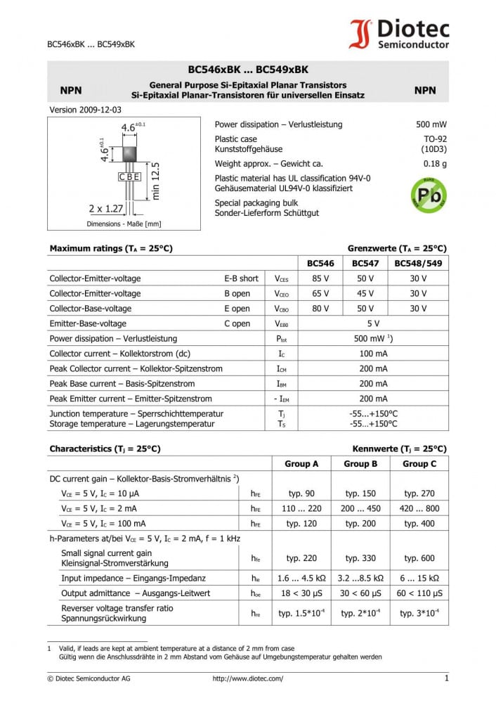 DIOTEC BC547CBK datasheet page 1