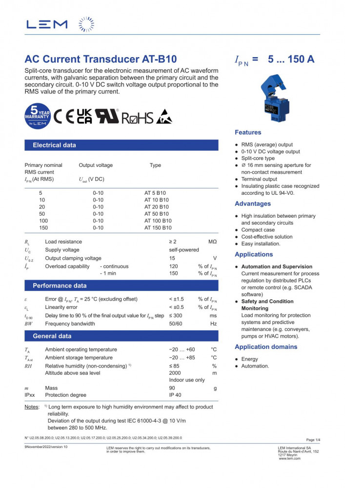 LEM AT 150 B10 technical document page 1