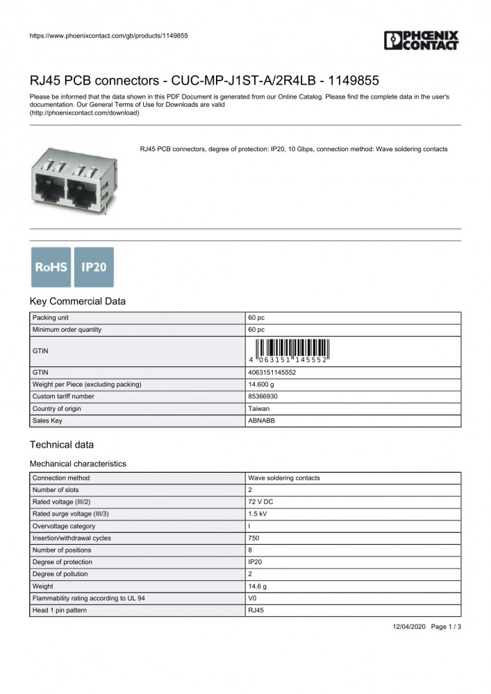 Phoenix Contact 1149855 technical document page 1