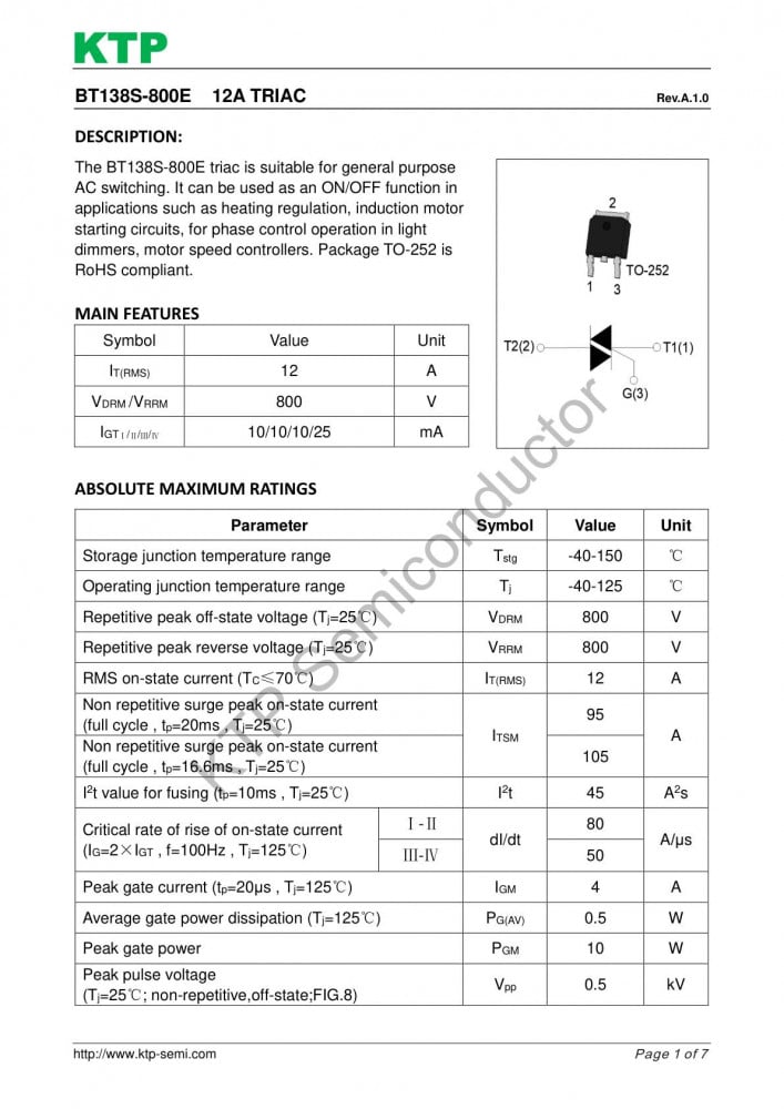BT138S-800E datasheet page 1
