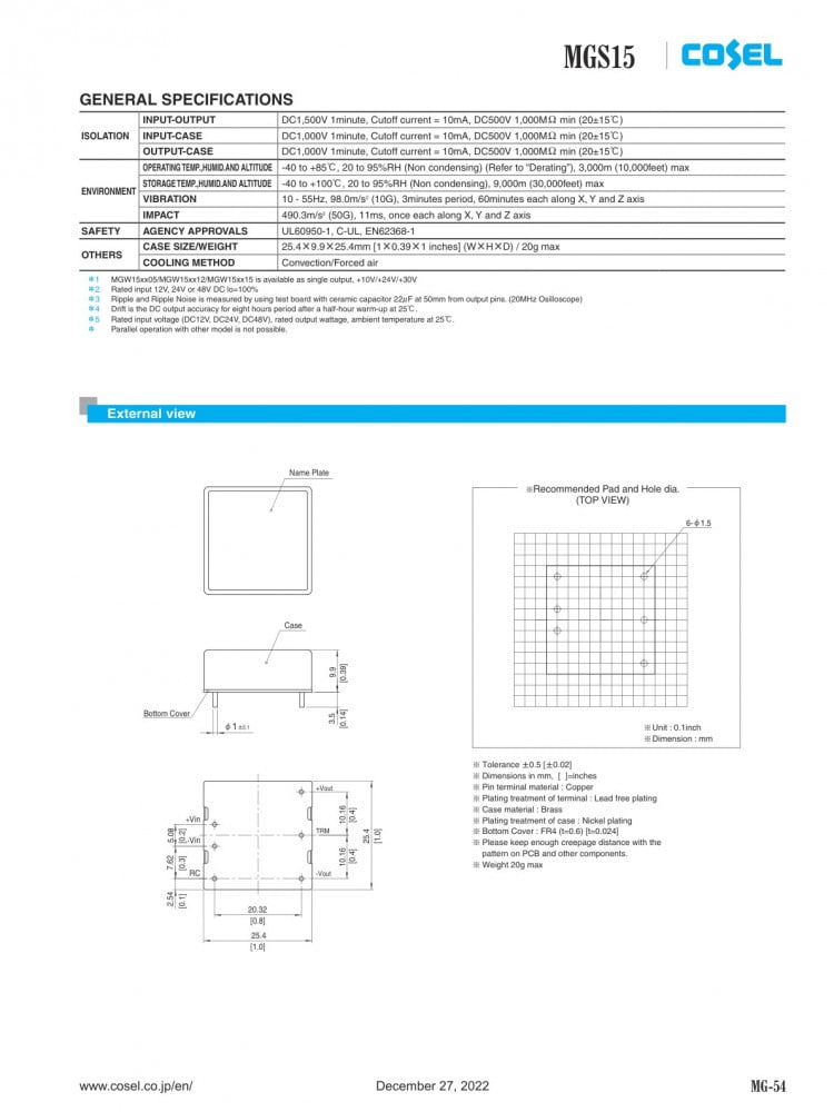 Cosel MG series datasheet page 3