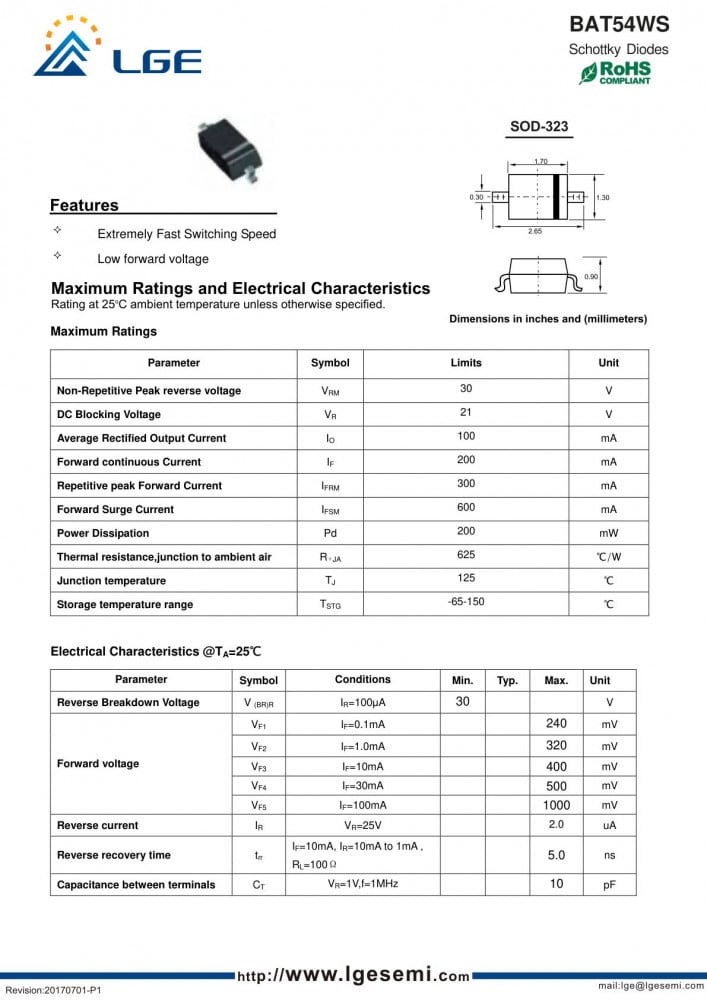 LGE BAT54WS datasheet page 1