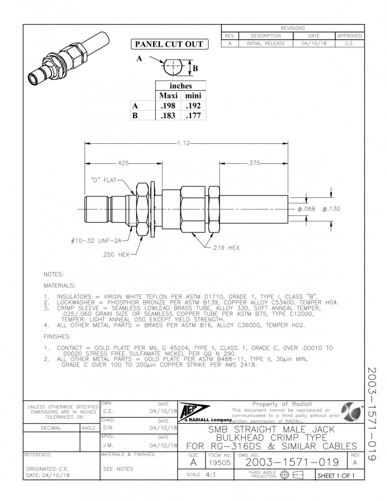 Radiall 2003-1571-019 drawing, panel cutout and connector details