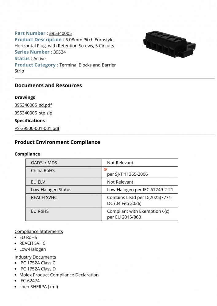 MOLEX ESE Eurostyle terminal block document page 1