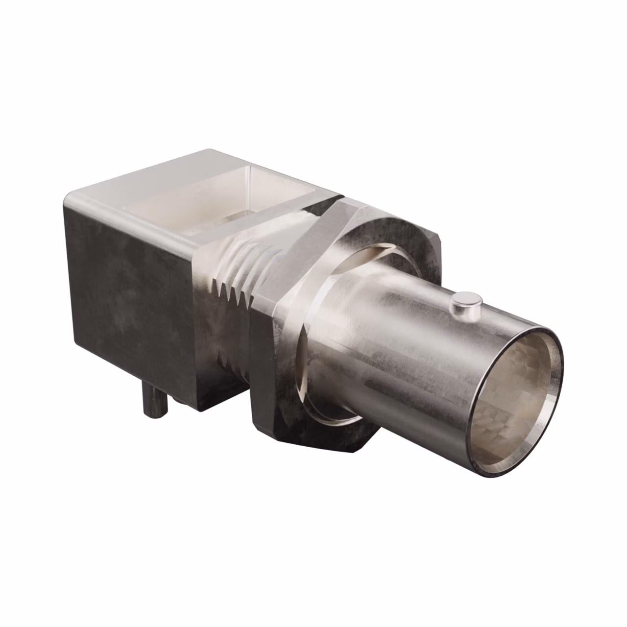 BNC Jack, Right-Angle, Bulkhead Receptacle, PCB, Die Cast Body, Nickel (Ni) Plated, Housing Height 12.70mm, with Jam Nut and Washer, Tray, 75 Ohms for sale