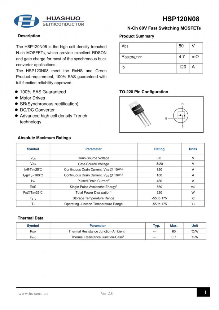 HSP120N08 datasheet page 1