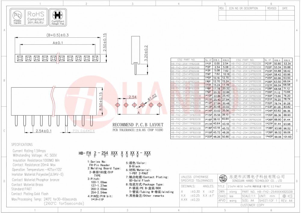 Hanbo Electronic HB-FH2-25418PB2GOB technical drawing