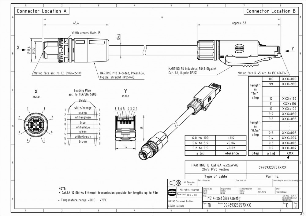 M12 X-coded cable assembly production drawing page