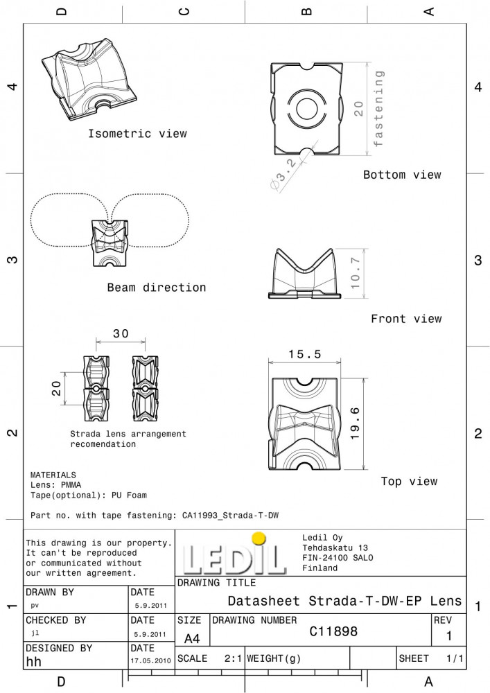 Strada-T-DW-EP lens drawing, drawing C11898 revision 1