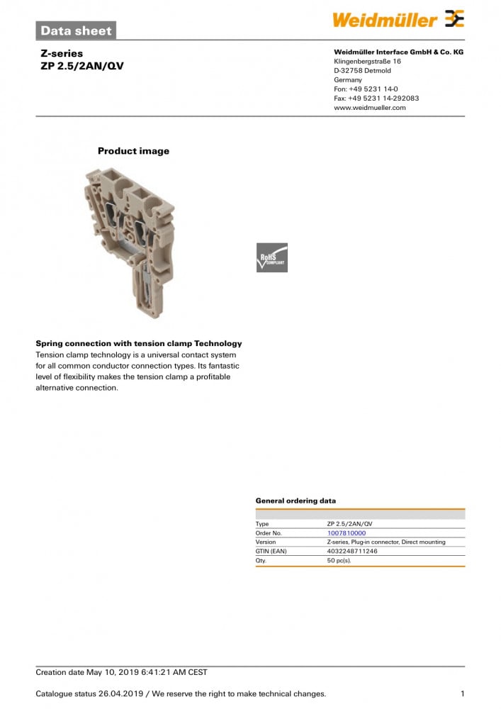 WEIDMULLER 1007810000 document page 1
