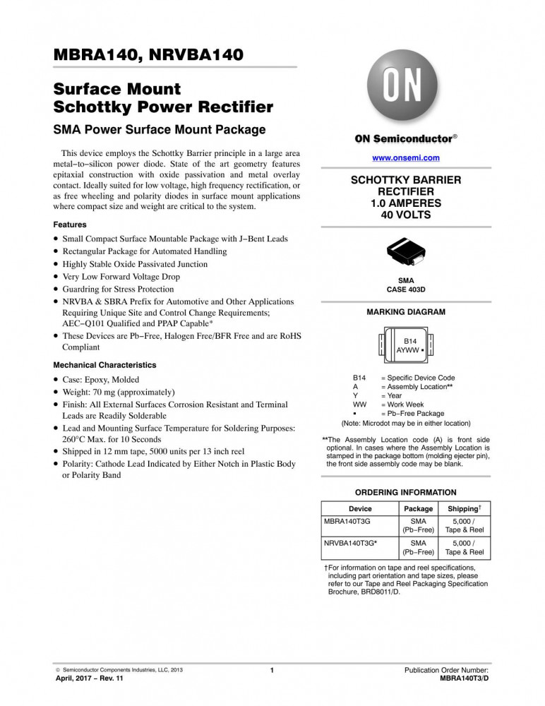 MBRA140T3G datasheet page 1