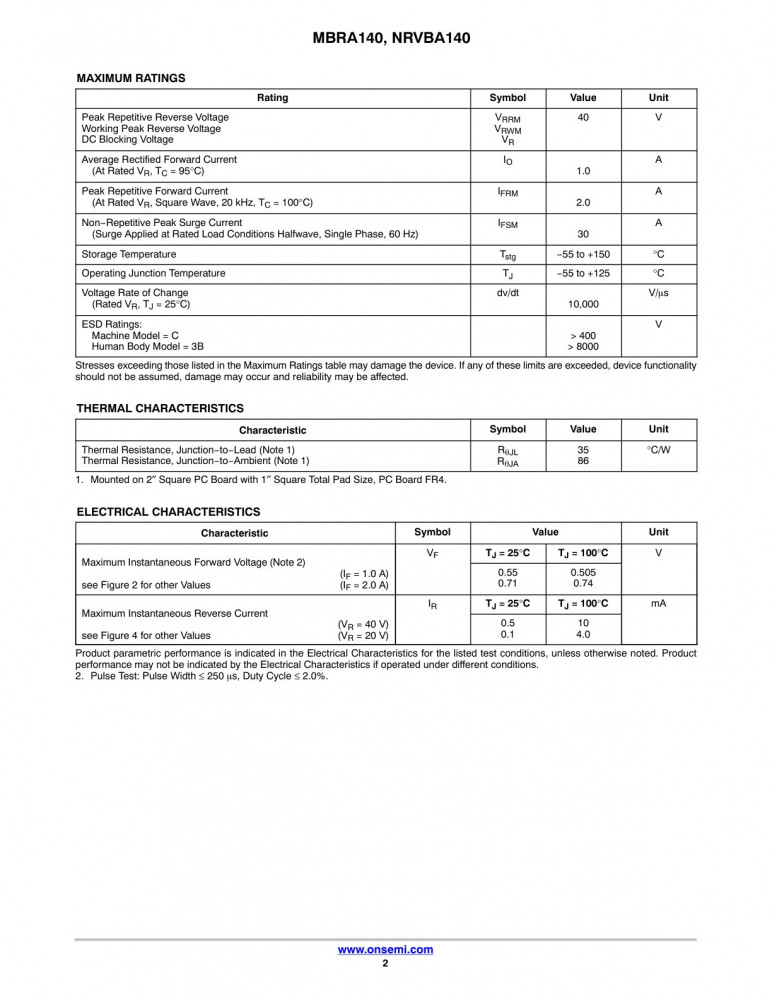 MBRA140T3G datasheet page 2