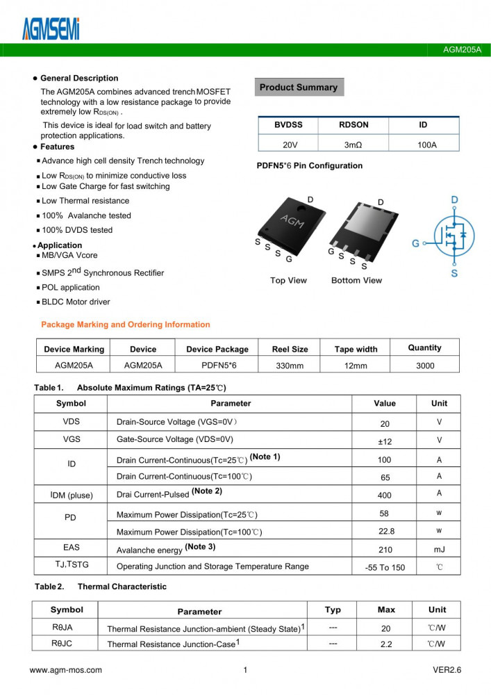 AGM205A datasheet page 1