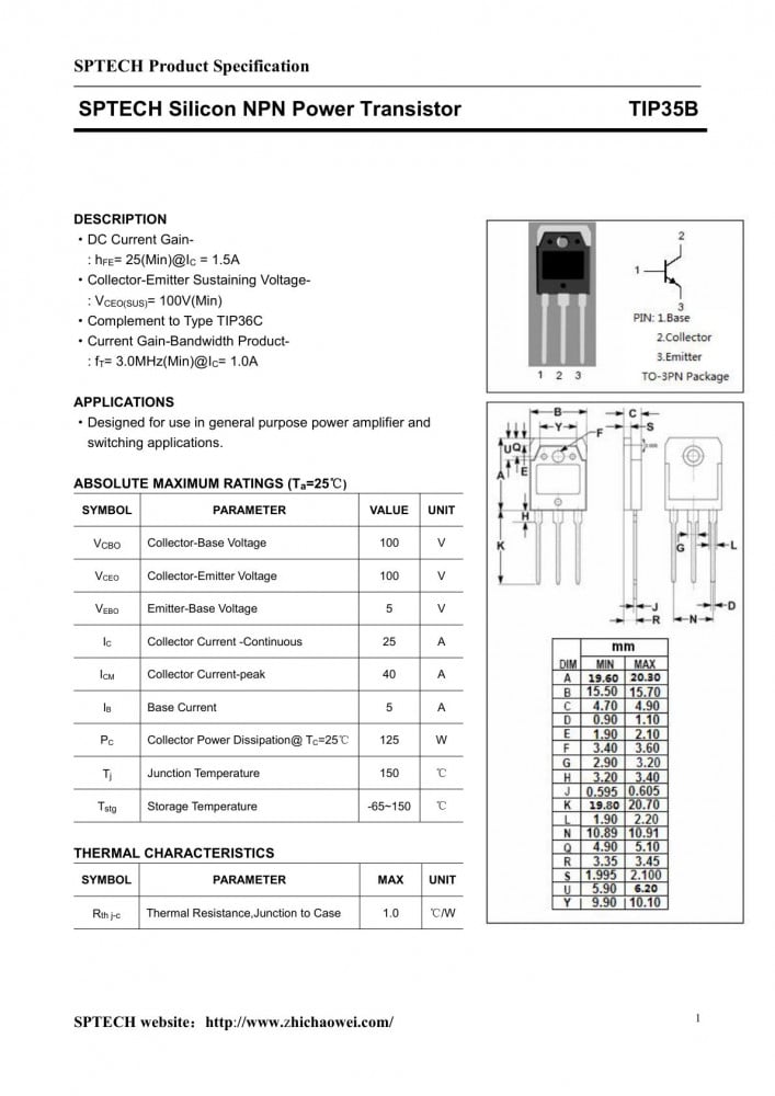 SPTECH TIP35B datasheet page 1