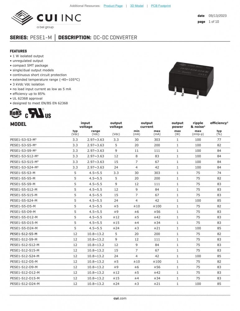 CUI PESE1-M datasheet page 1