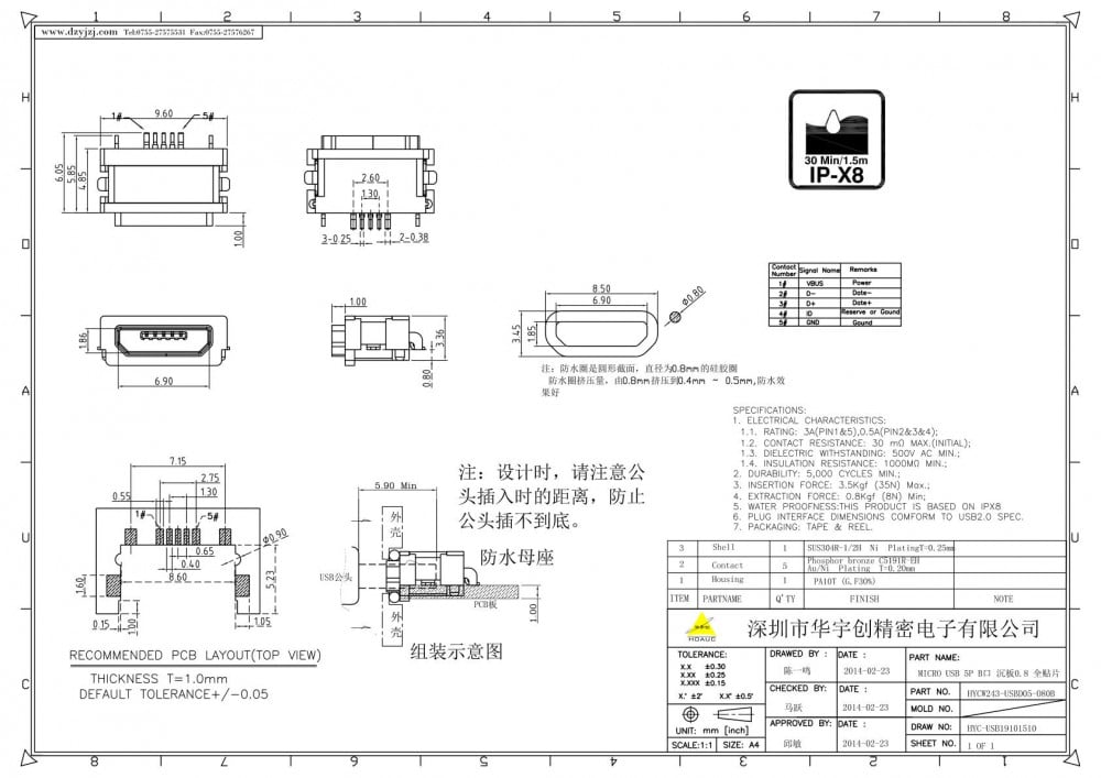 HOAUC HYCW243-USBD05-080B technical drawing page