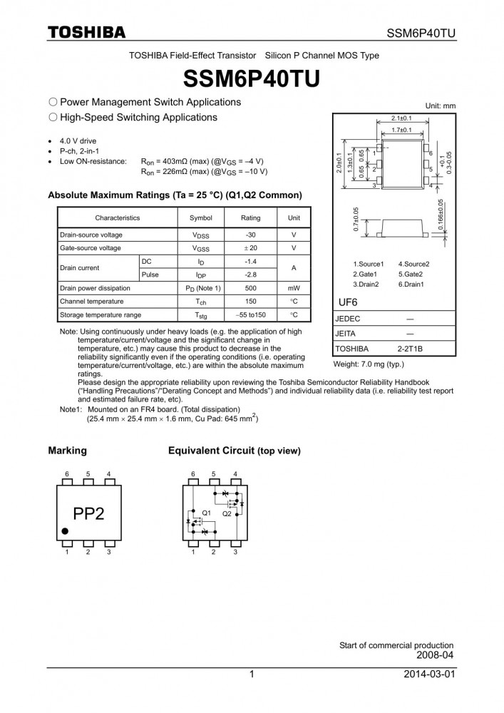 SSM6P40TU,LF datasheet page 1