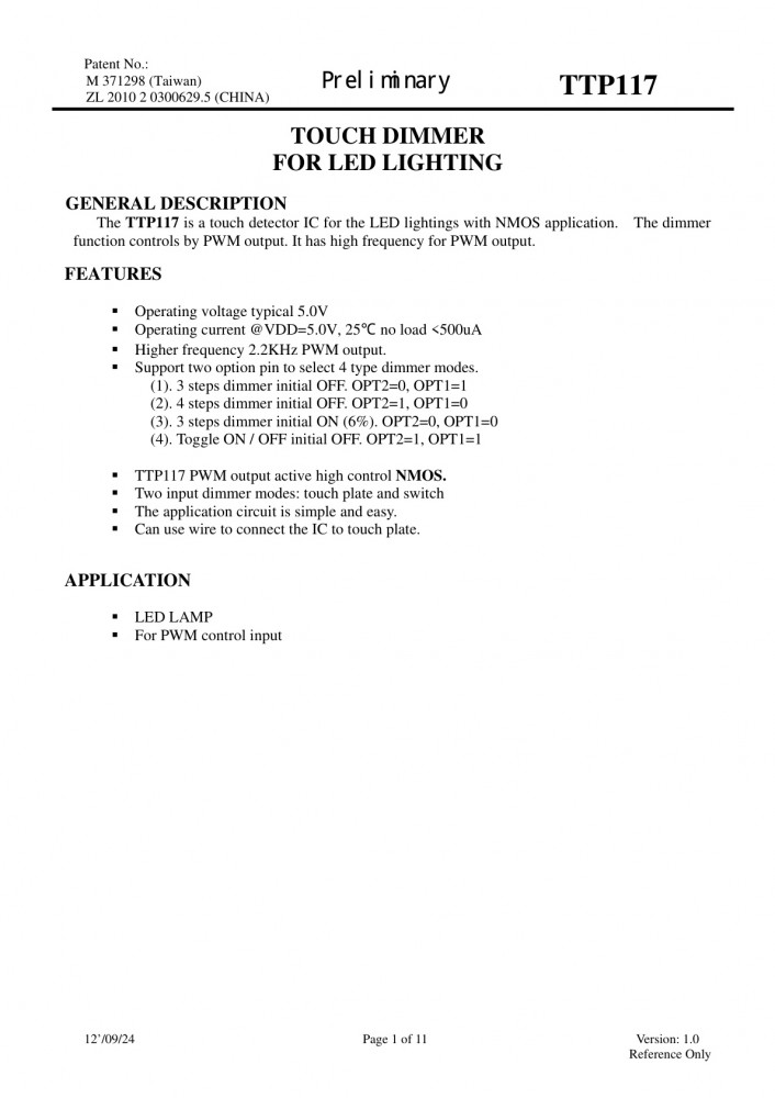 TTP117-CO8N datasheet page 1