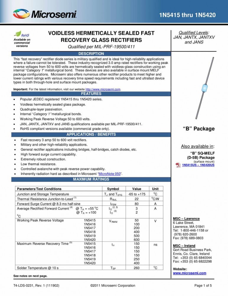 JANTX1N5420 datasheet page 1