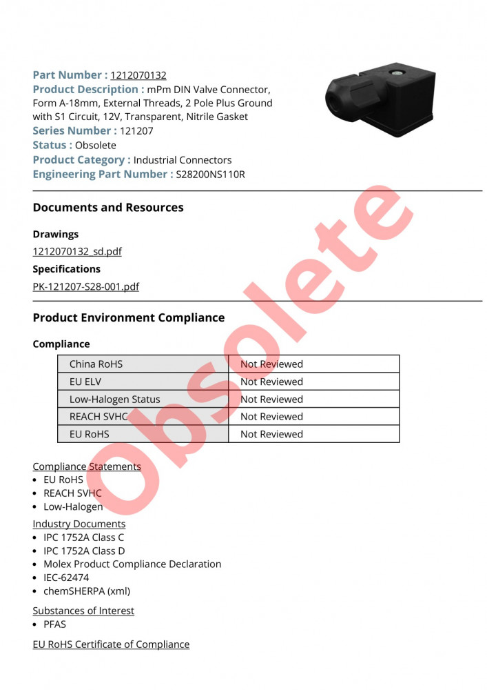 Molex S28 DIN valve connector packaging specification, page image 1