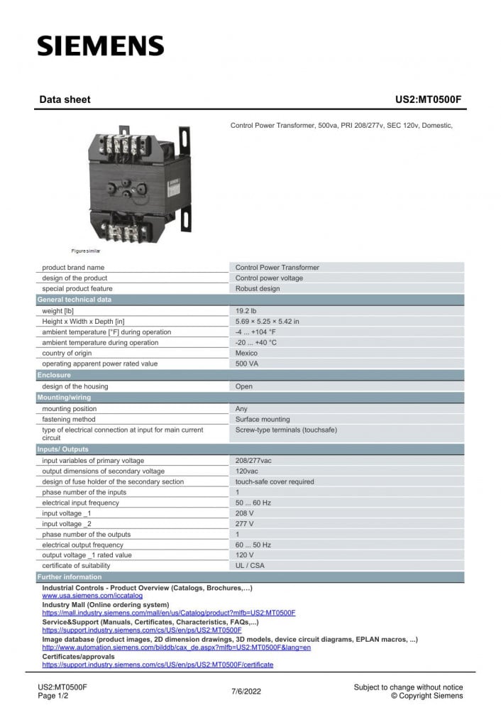 SIEMENS MT0500F datasheet page 1