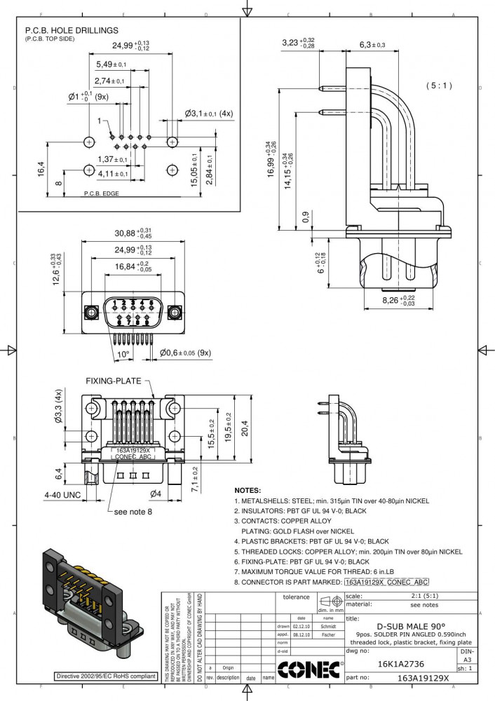 Conec 163A19129X product drawing and PCB hole drilling reference