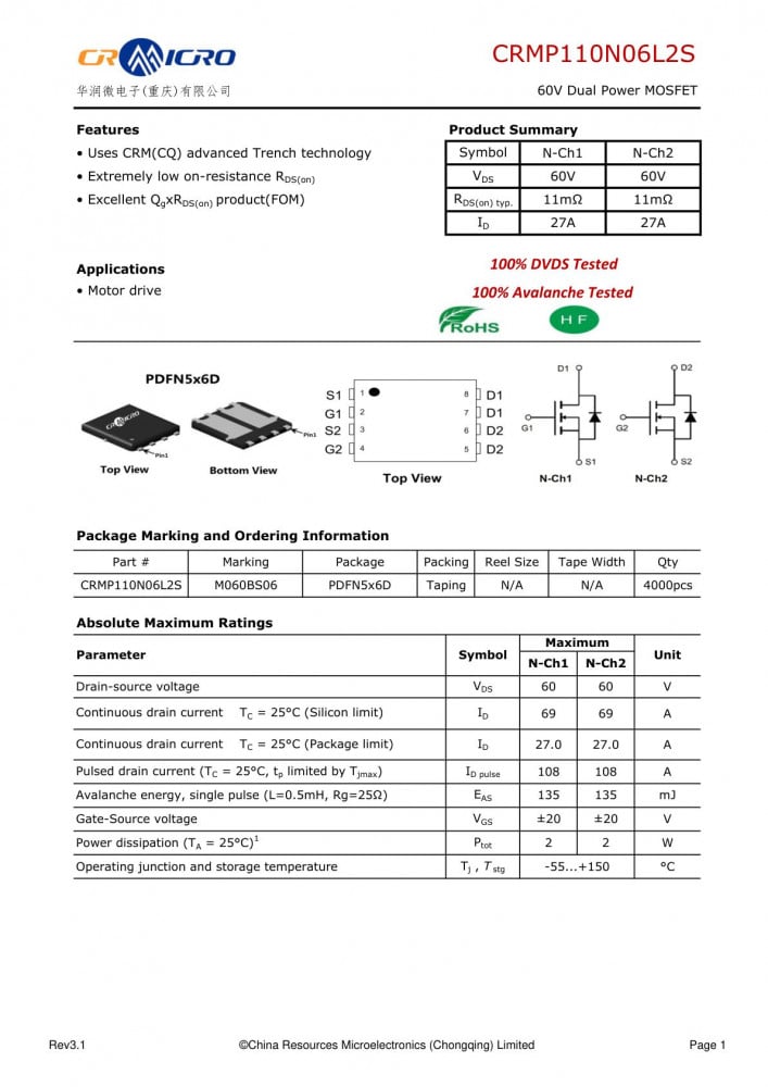 CRMP110N06L2S datasheet page 1