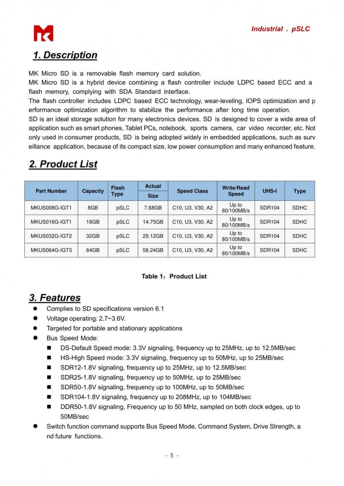 MK microSD datasheet page 5
