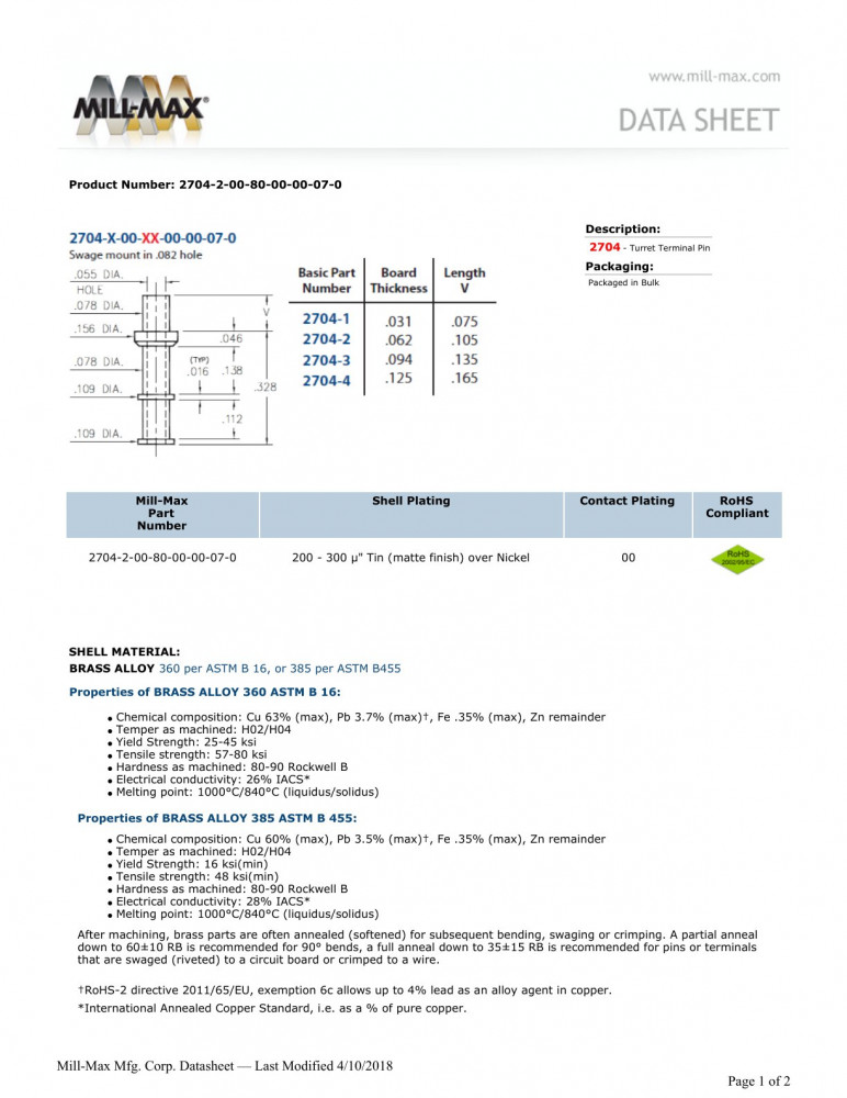 Mill-Max 2704-2 technical document page 1