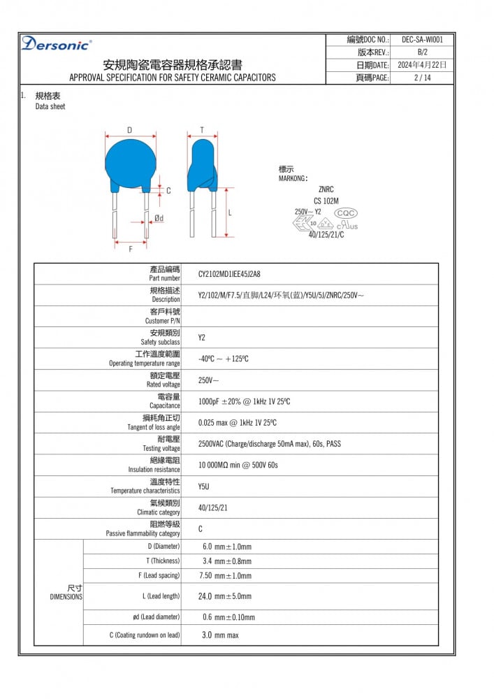 CY2102MD1IEE45J2A8 approval specification page 3