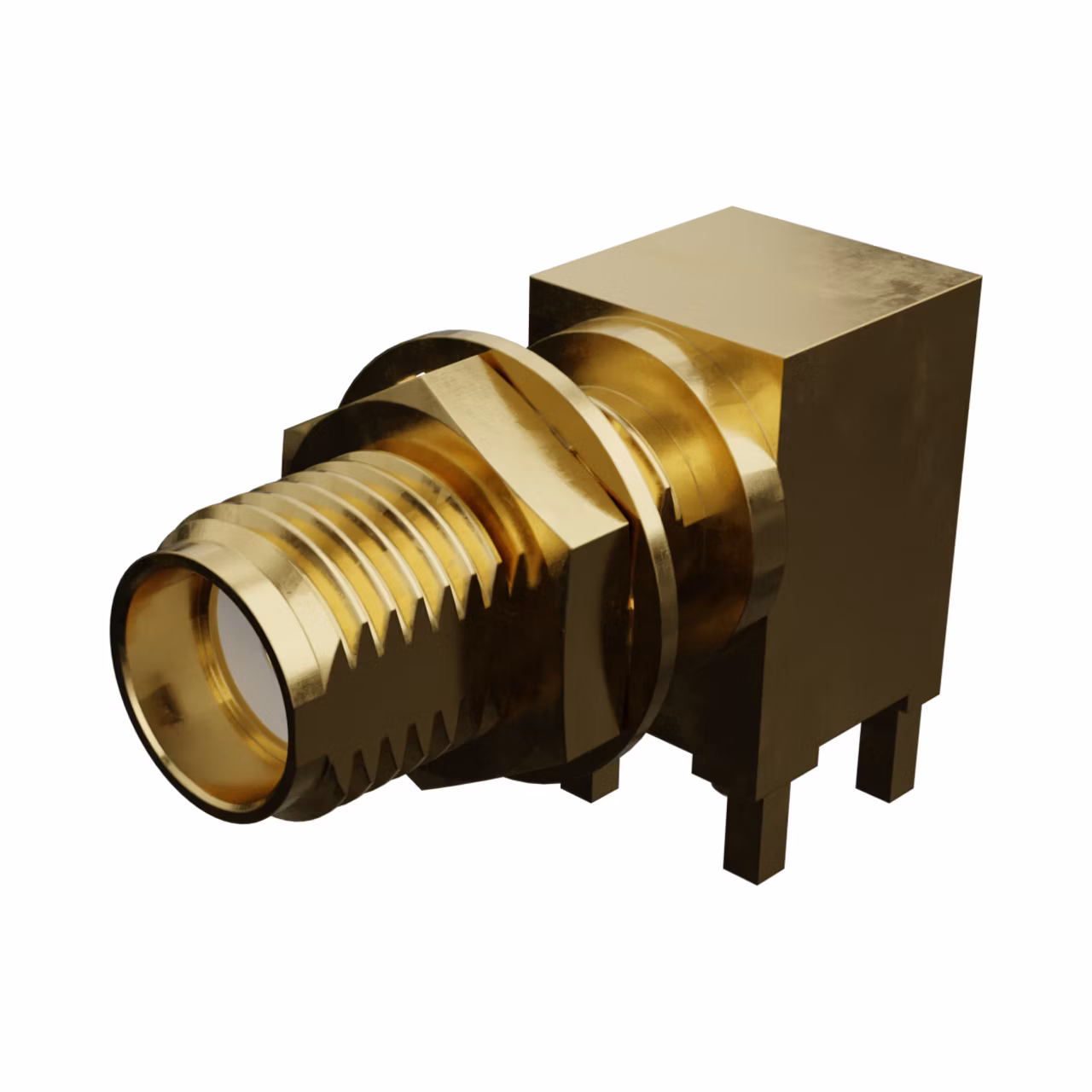 SMA Jack, Right-Angle, Bulkhead Receptacle, PCB, Through Hole, Brass Body, Gold (Au) Plated, Jam Nut and Lockwasher Included, 2.79mm Leg Length, One Piece Per Bag, 50 Ohms for sale