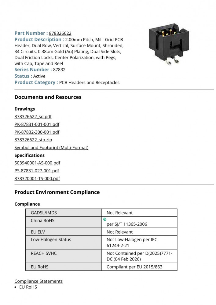 MOLEX 878326622 product document preview, page 1