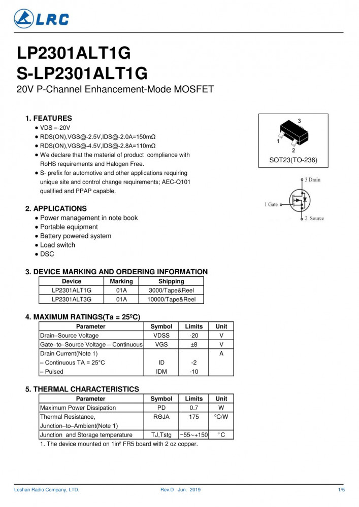 LP2301ALT1G datasheet page 1