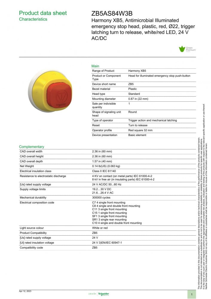 ZB5AS84W3B technical document page 1