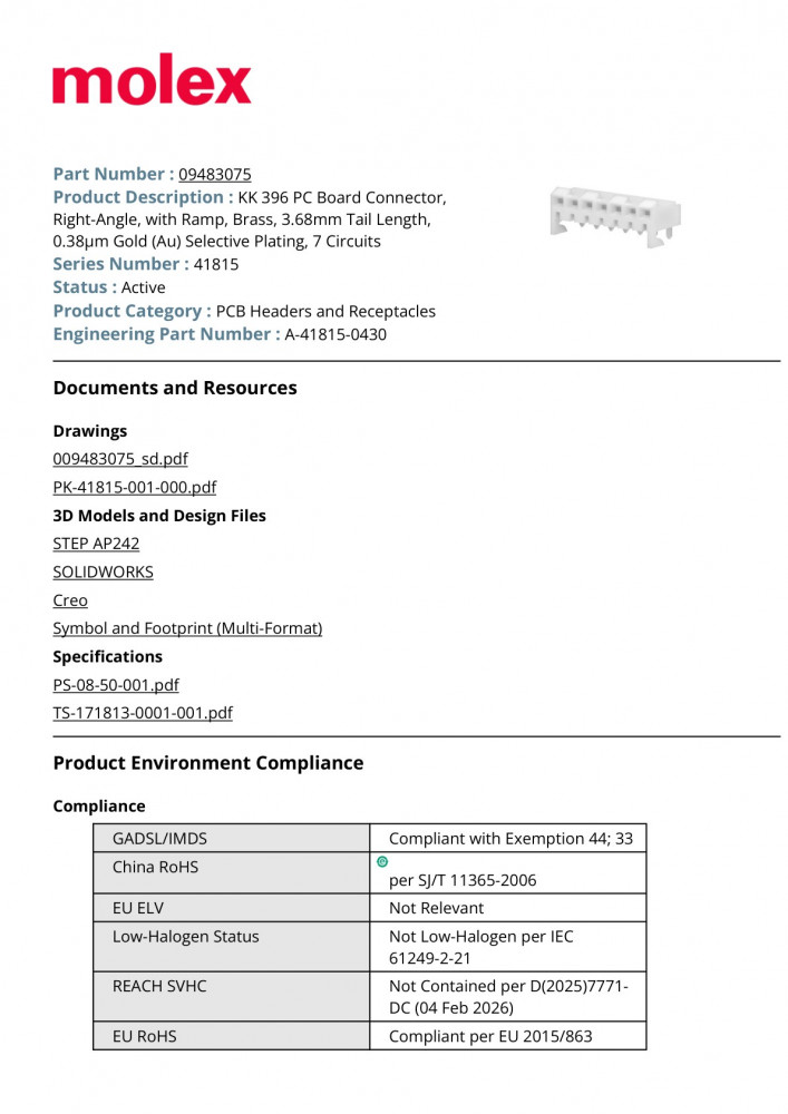Molex KK 396 product specification page 1