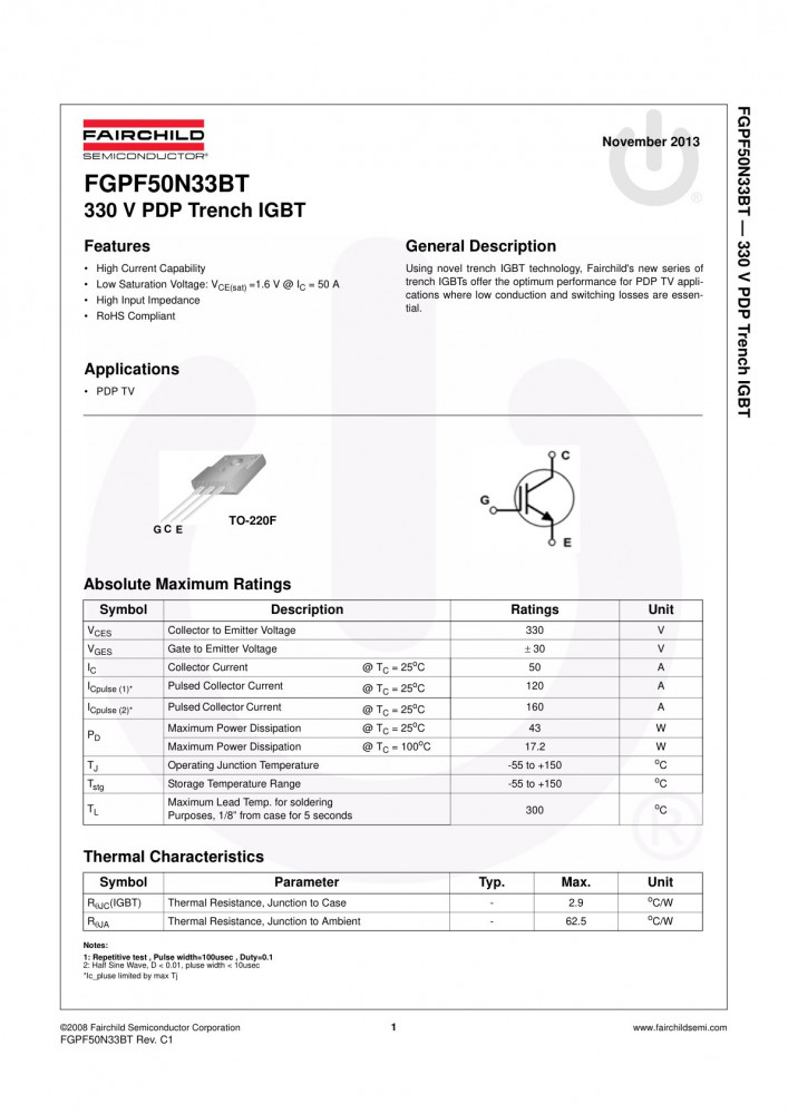 FGPF50N33BTTU datasheet page 1