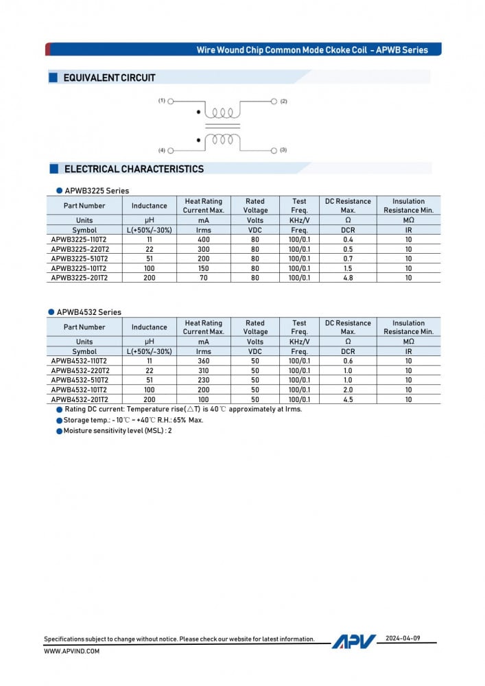 APV APWB3225-110T2 datasheet page 2