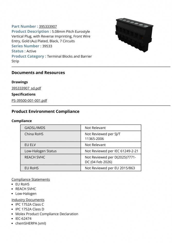 ESE Eurostyle terminal blocks product specification, page 1