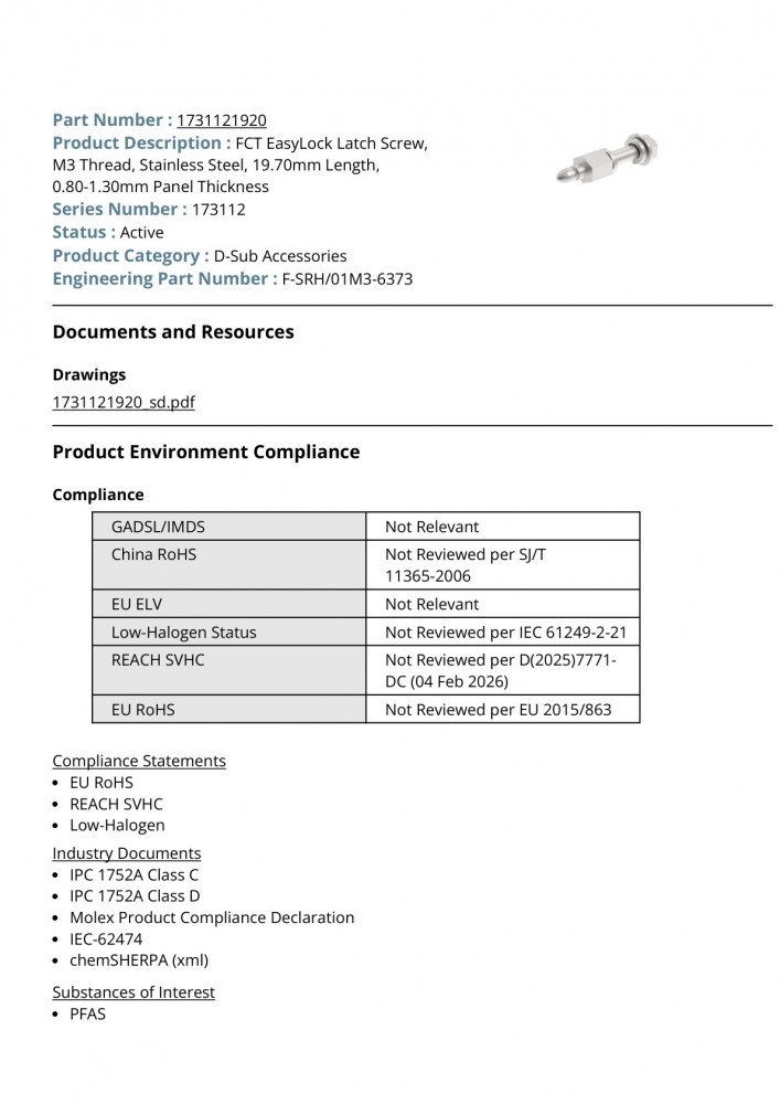 MOLEX 1731121920 product drawing, page 1