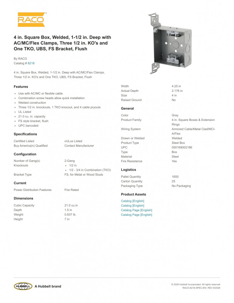 Catalog image for RACO 8218 4-inch square welded steel box