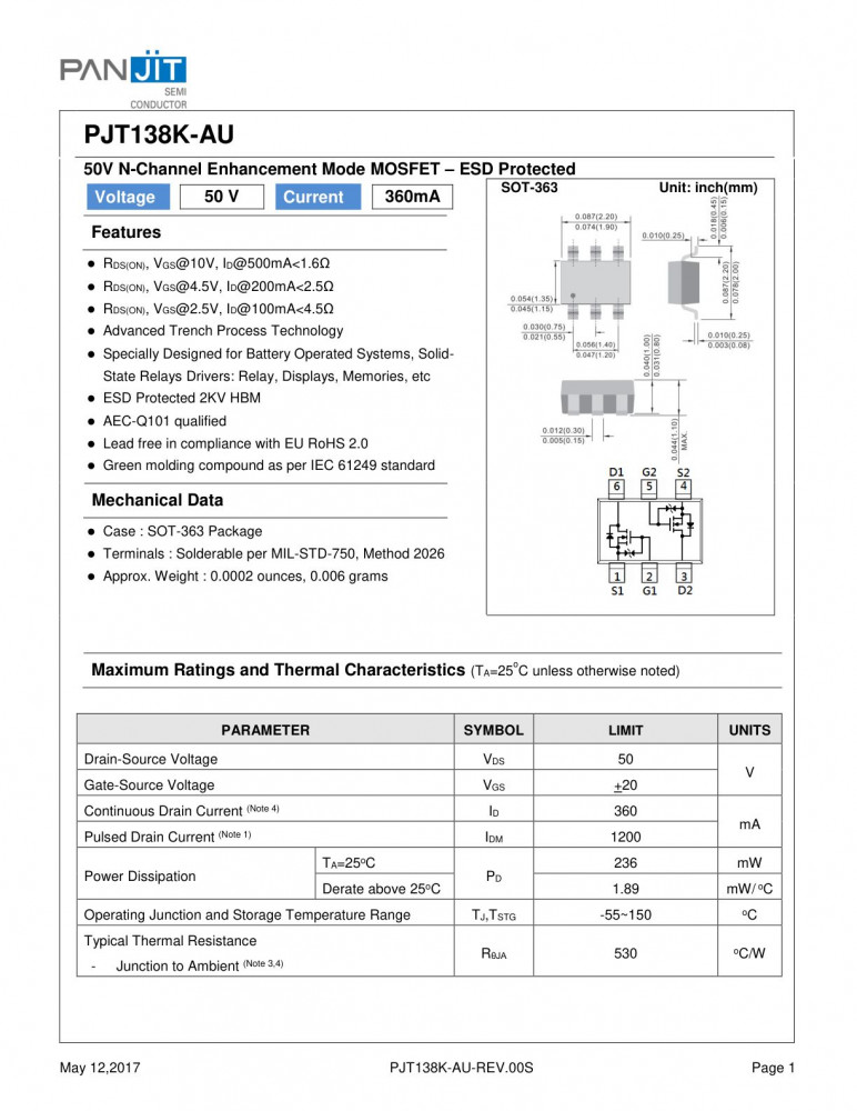 PJT138K-AU datasheet page 1